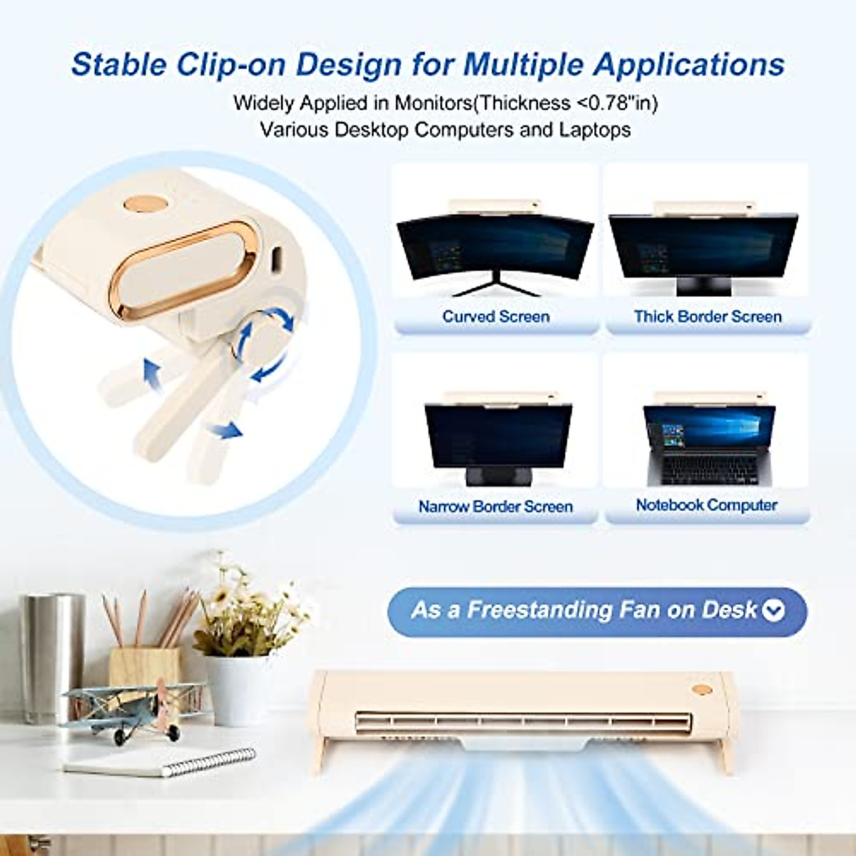 Avoeco Computer Monitor Fan, Office Fan, Space Saving, 3 Speeds, Screen Clip on Fan, for Cooling, Small Fan with USB Powered, Desk Fan, Bladeless Fan，Monitor Fan Bar, for Office, Home, Gaming (white)