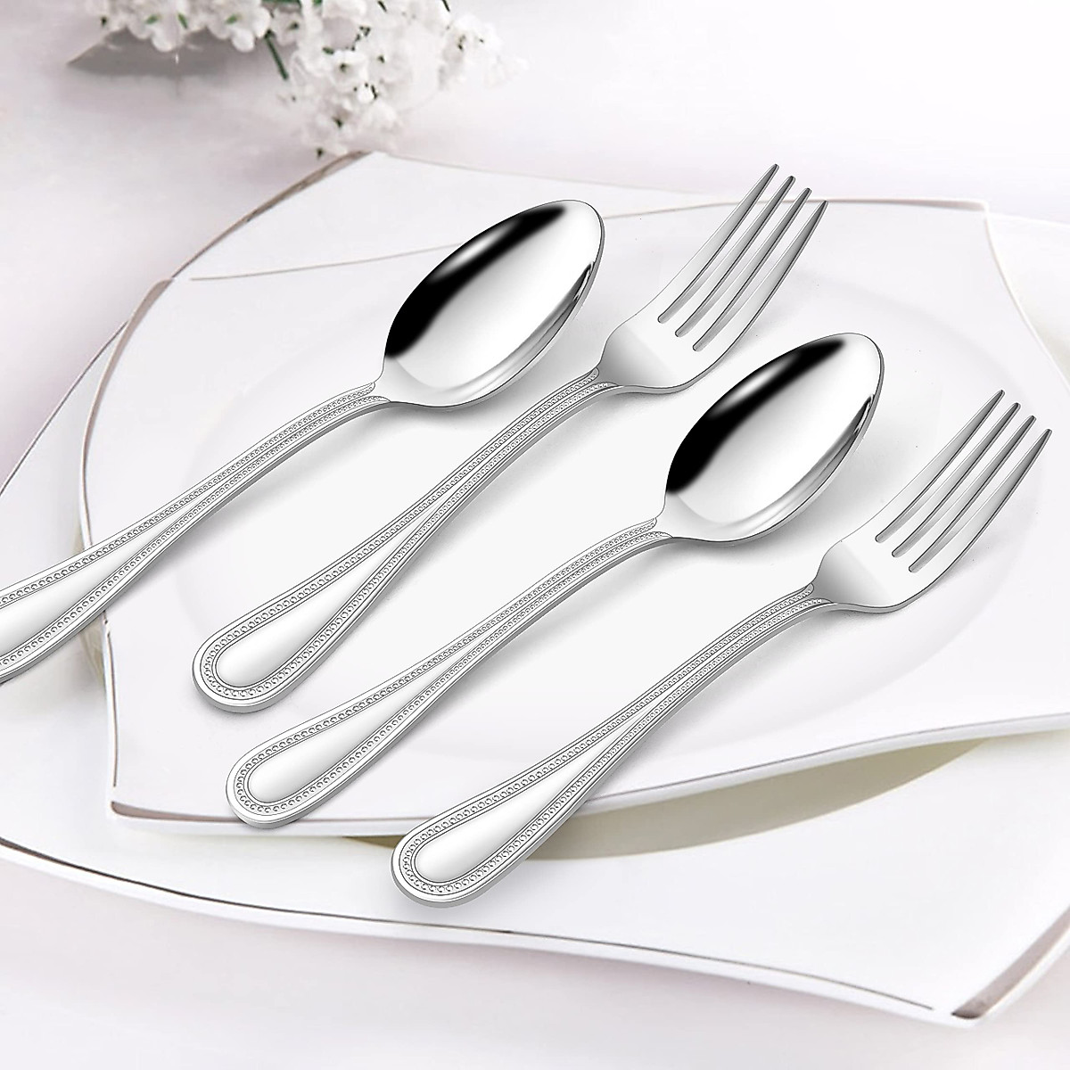24PCS Forks and Spoons Silverware set, HaWare Stainless Steel Flatware with Pearled Edge for Home/Kitchen, Include 12 Dinner Forks(7.9 Inches) and 12 Dinner Spoons(7.9 Inches), Dishwasher Safe