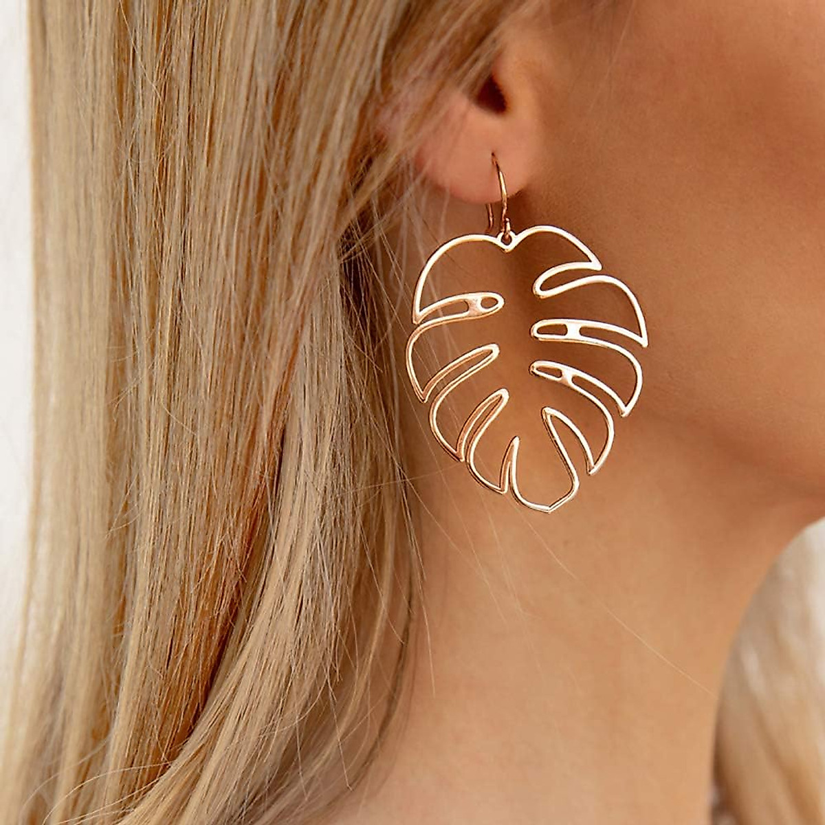 Doubnine Palm Leaf Earrings Large Monstera Rose Golden Line Dangle Earrings Bohemian Summer Festvial Jewelry for Women (rose golden)