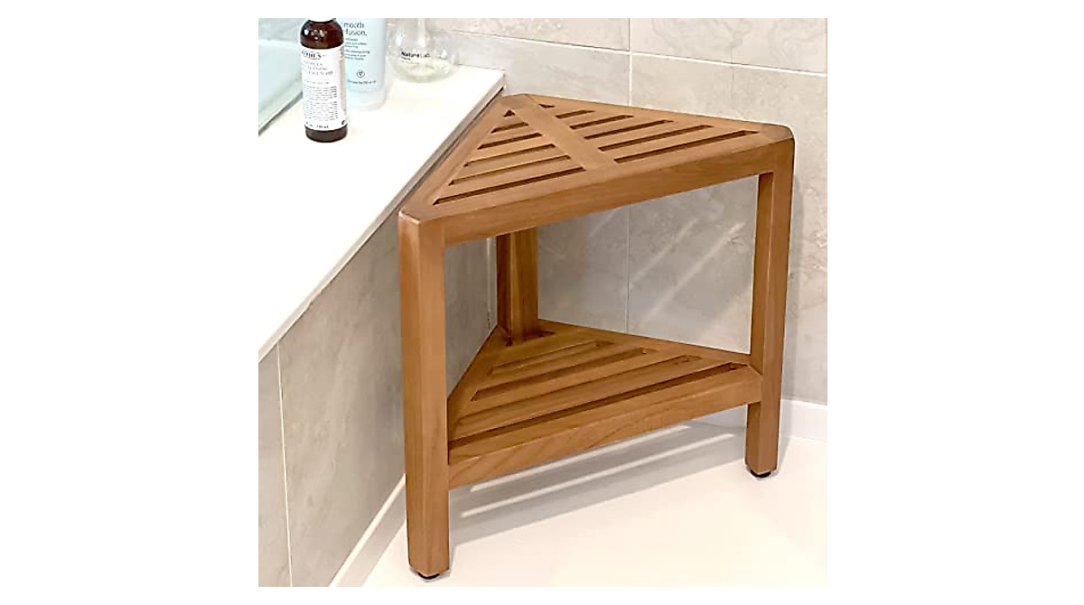 Durable Teak Corner Shower Stool with Shelf | Fully Assembled