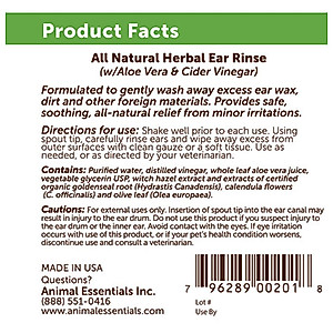 Animal Essentials Herbal Ear Rinse for Dogs & Cats - Ear Cleaner, Cleaning Solution, Ear Wash, Ear Cleanser, Ear Drops, Aloe Vera - 4 Fl Oz