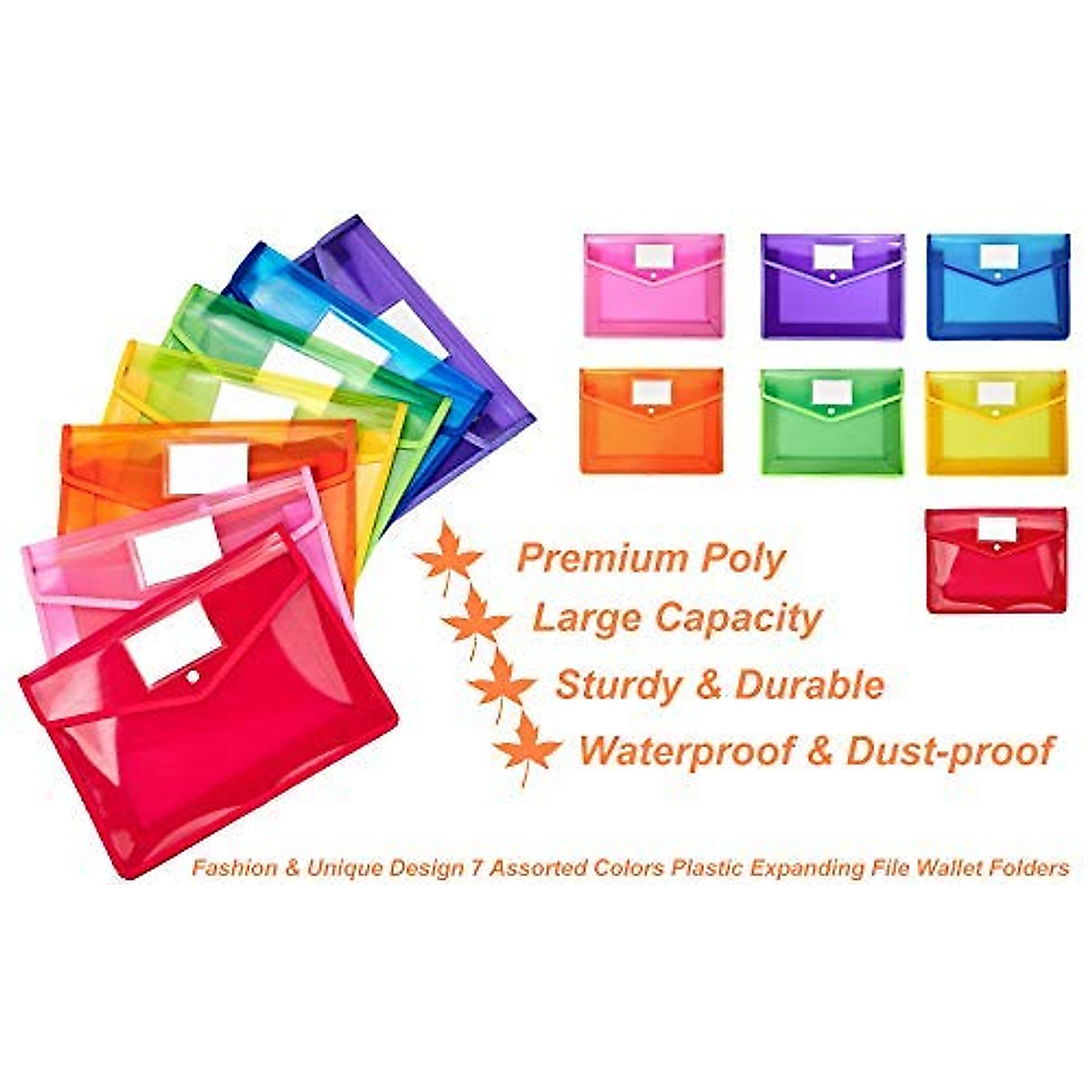 7 Pack A4 Plastic Wallet Folder Envelopes with Closure and Label Pocket, 2.8" Expansion, Letter Size, Clear Poly File Folders Holder Documents Organizer Expandable for School Home Work Office
