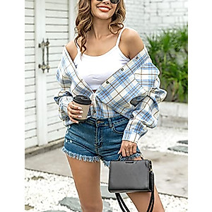Silly Turtle Flannel Plaid Shirts for Women Oversized Long Sleeve Button Down Shirts Blouse Tops(0015-LightBlue-S)