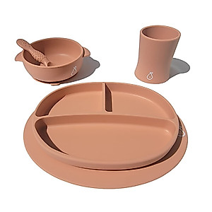 Mini Yummi 4 Piece 100% Silicone Suction Non-Slip Baby Feeding Set Includes Divided Plate + Bowl + Silicone Cup & Spoon for Infants & Toddler Dishwasher-Safe, Microwave-Safe, Freezer-Safe, BPA Free