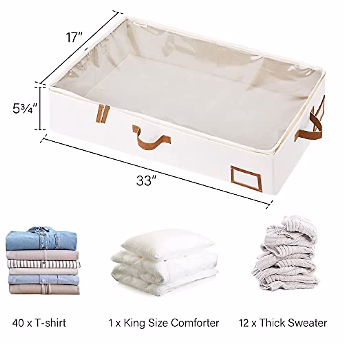 StorageWorks 45L Extra Large Fabric Storage Bins with PU Handles 2-pack, Underbed Storage Box, Under Bed Clothes Organize 2-pack