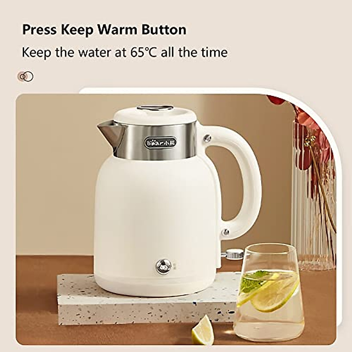 Bear ZDH-C15C1 Electric Kettle for Coffee & Tea, Stainless Steel Hot Water Boiler with Keep Warm Function, Auto Shut-Off, BPA Free, 1.5l, Ivory White