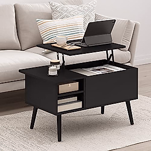 Furinno Jensen Living Room Wooden Leg Lift Top Coffee Table With Hidden Compartment and Side Open Storage Shelf, Americano
