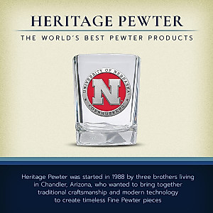 Heritage Pewter Nebraska Square Shot Glass | Hand-Sculpted 1.5 Ounce Shot Glass | Intricately Crafted Metal Pewter Alma Mater Inlay