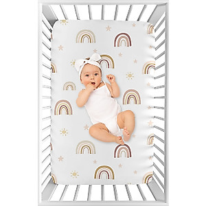 Sweet Jojo Designs Boho Rainbow Girl Fitted Mini Crib Sheet Baby Nursery for Portable Crib Pack Play - Blush Pink Dusty Rose Gold Yellow Mauve Taupe Beige Tan Bohemian Stars Sun Celestial Vintage Sky