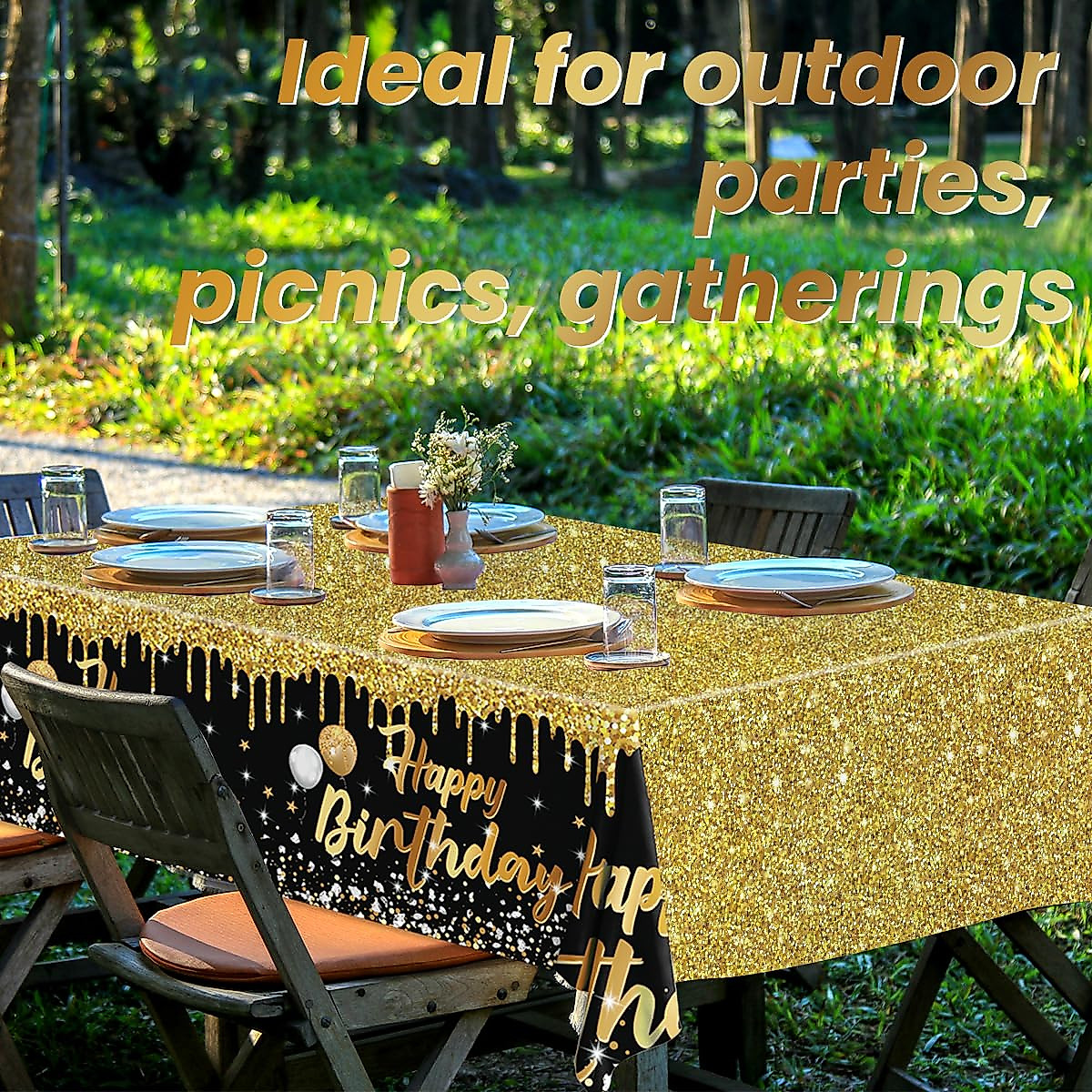 Happy Birthday Tablecloth,3pcs Black and Gold Table Cloths for Parties Glitter Birthday Decoration for Men’s 18th 21st 30th 40th 60th 70th Birthday Party Supplies