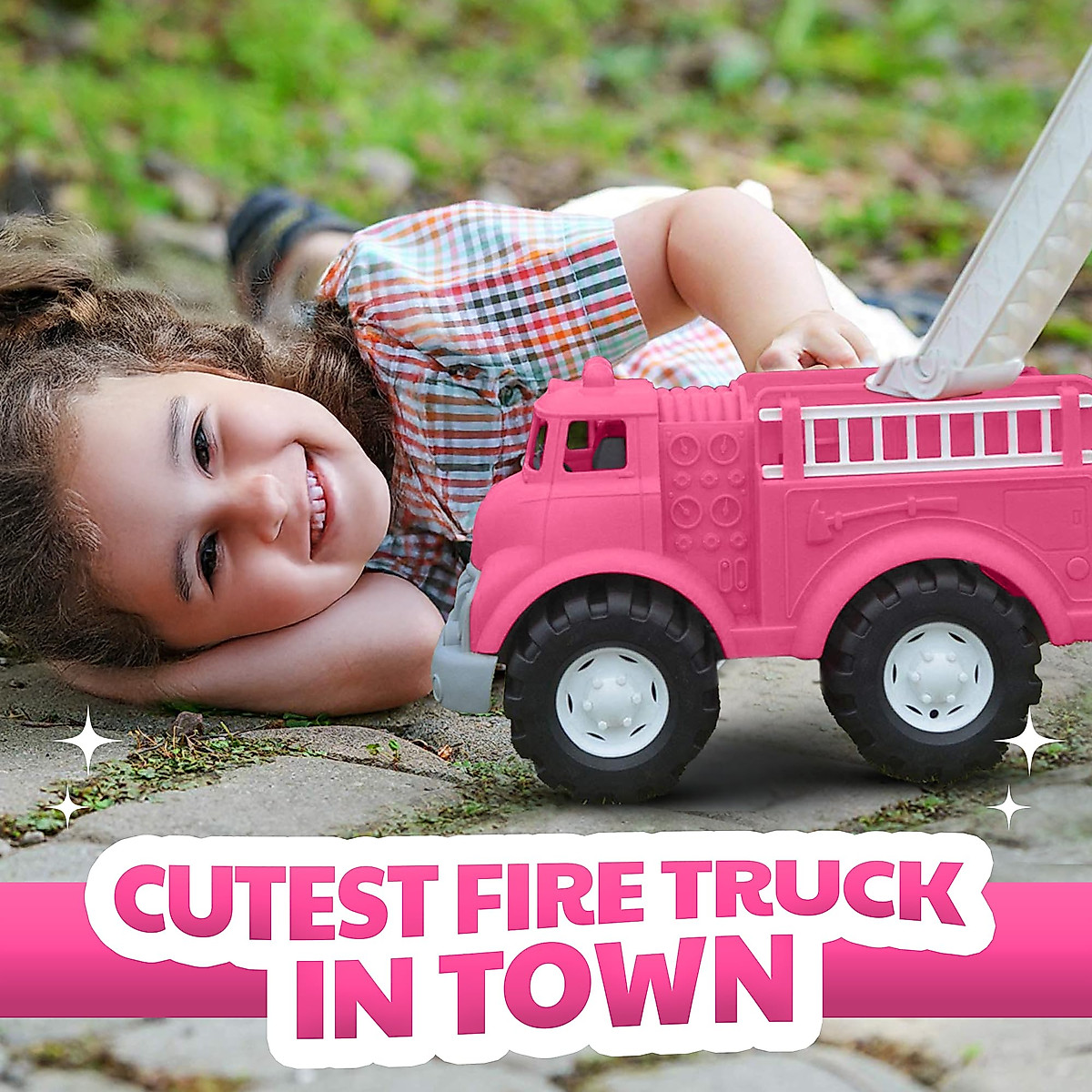 Big Plastic Toy Fire Truck for Toddlers Boys and Girls | Pink Fireman Engine Vehicle with Rescue Ladders for Indoor and Outdoor Imaginative Play (Pink)