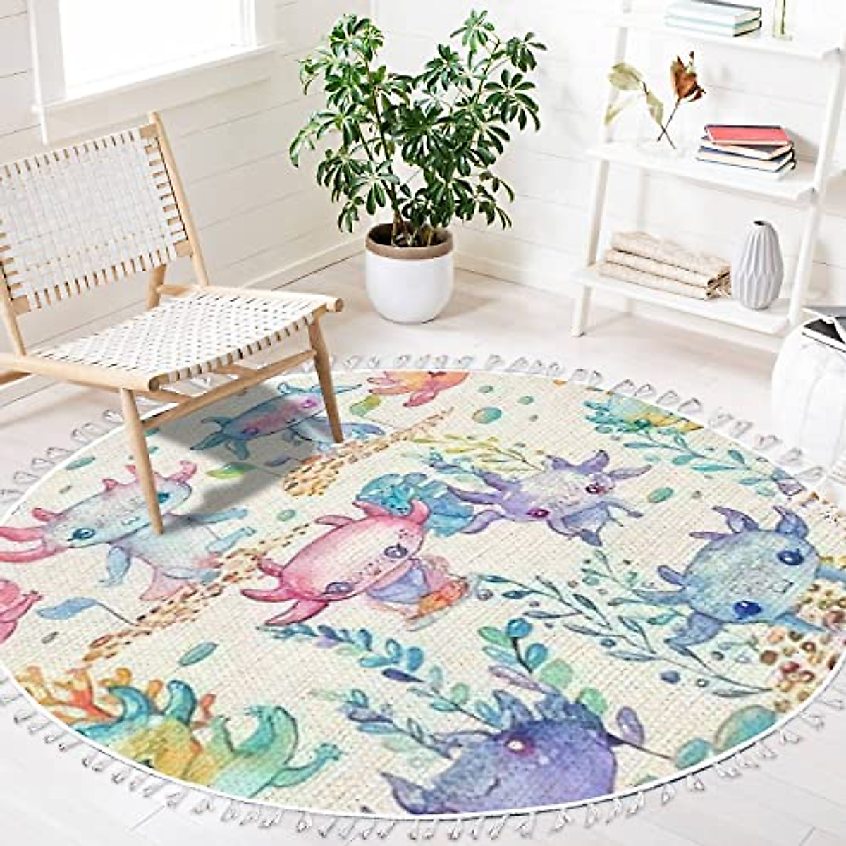 Round Rugs Watercolor Cute Axolotl Characters Boho Area Rug Linen and Cotton Carpet Meditation Rug Washable Hallway Runner Mat Accent Rug for Bedroom Nursery Kids Room 4ft