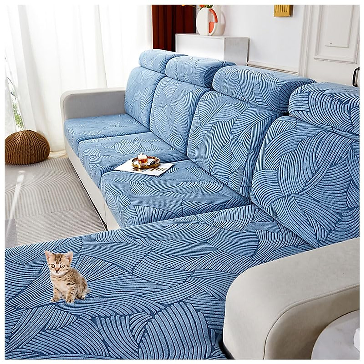 GORHLady Stretch Elastic Fabric Sofa Protector L-Shaped Slipcovers Corner L Shape Sectional Soft Stylish Couch Suitable Living Room Dogs Pets Furniture Protectors All Seasons 4-Seater Blue
