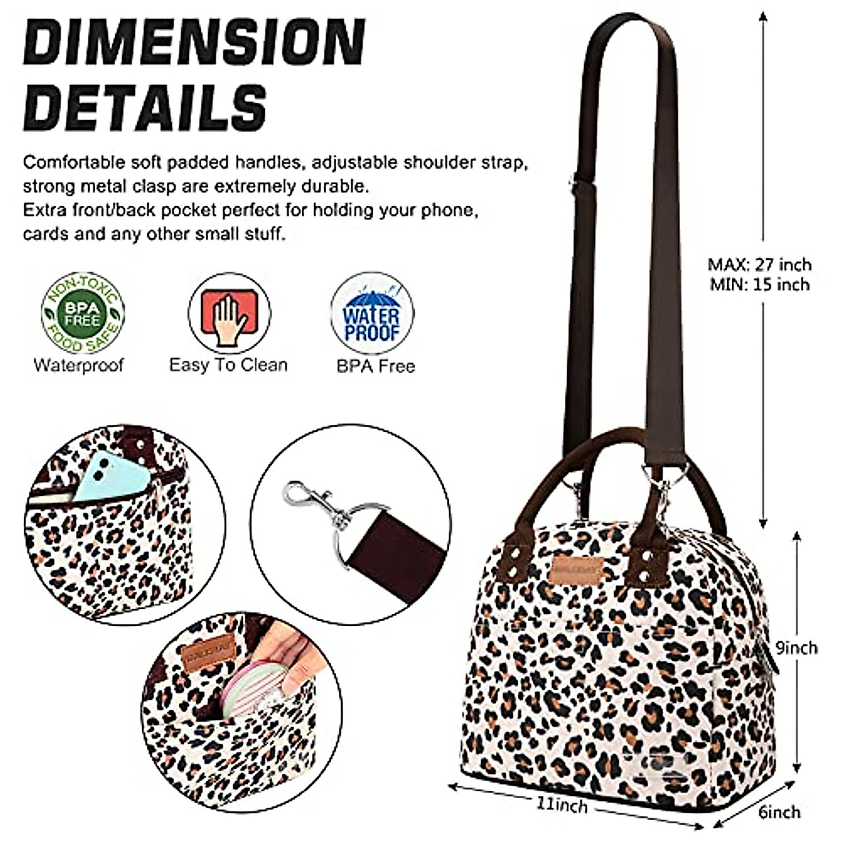 BALORAY Lunch Bags for Women with Adjustable Shoulder Strap, Leakproof Insulated Lunch Box Women Lunch Tote Bag Cooler Bag Container Lunch Pail Bags for Work Picnic Sports Travel (Beige with leopard)
