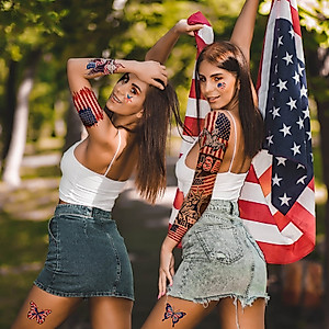 Aresvns Independence Day Temporary Tattoo 32 Sheets,USA Flag Sleeve Tattoo,Red White and Blue Party Supplies, 4th of July, Memorial Day, Labor Day Decorations Patriotic Tattoos