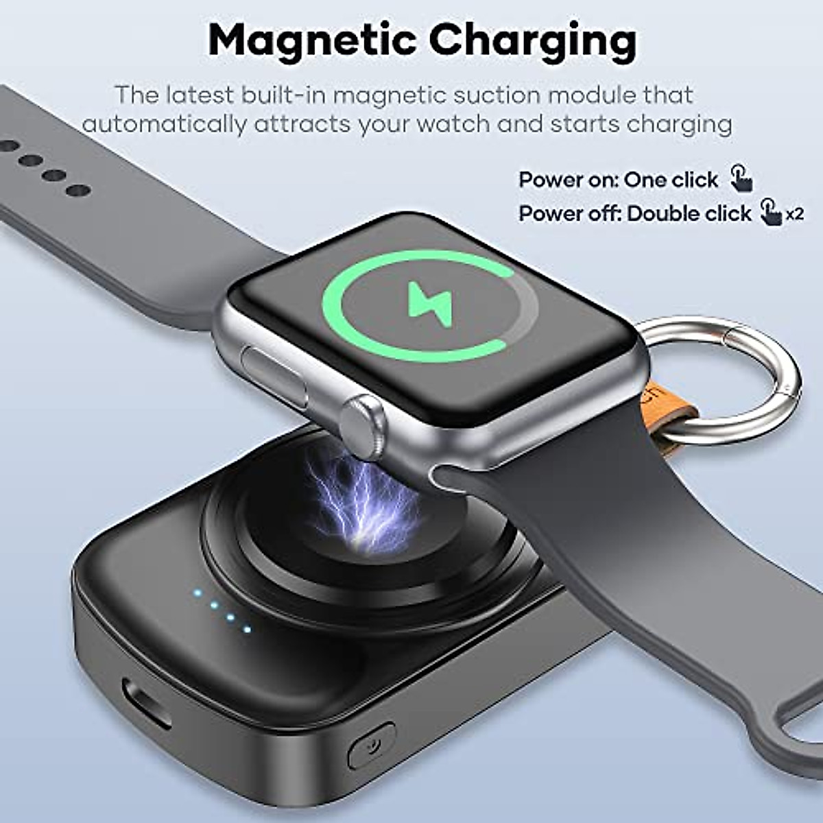 CKFN Portable Wireless Charger for Apple Watch, 1800mAh Power Bank Smart Keychain Gift with 4 LED Indicators, Magnetic iWatch Charger for Apple Watch Series 8,7,6,5,4,3,2,1,SE/Nike+/Hermes (Black)