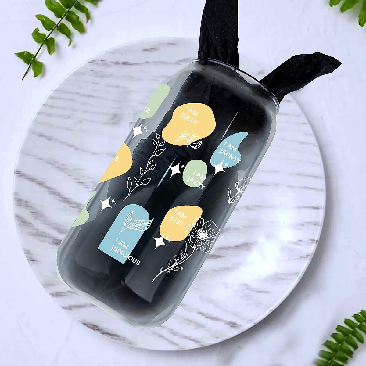 Initial Glass Cups with Lids and Straws, Personalized Gifts for Women 18 oz Iced Coffee Cup Glass Tumbler, Cute Glass Cups Inspirational Birthday Christmas Gifts for Women Girls (J)