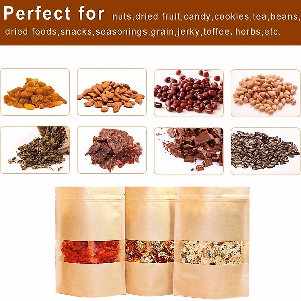 Kraft Heat Sealable Stand Up food Pouches Paper Mylar Bags With Window And Zip Lock,Heavy Duty Decorative Resealable Recycled For DIY Homemade Chips Favor Candy Cookies Christmas (50pcs 7x10+4inch)