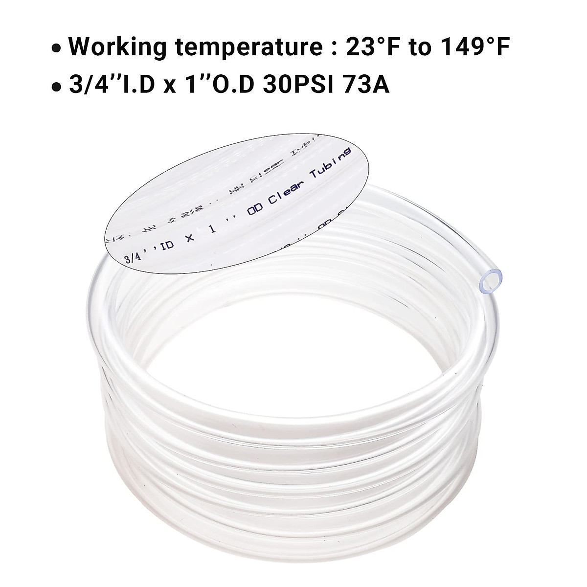 Clear Vinyl Tubing 3/4" ID × 1" OD -10 Ft 30PSI,Flexible Plastic Tubing,Lightweight Plastic Tubing,Oil Resistant Hybrid Multipurpose Industrial Vinyl Hose