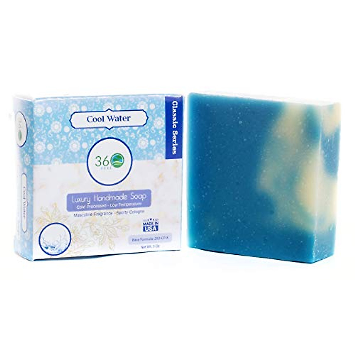 360Feel Men's Cool Water Cologne Soap -Large 5oz Organic Castile Handmade Soap bar -Bold Masculine fragrance- Pure Essential Oil Natural Soaps- Made in USA