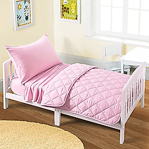 FLXXIE 4 Pieces Microfiber Toddler Bedding Set, Super Soft and Breathable Crib Sheet Set, Includes Quilted Comforter, Flat Top Sheet, Fitted Sheet, Envelope Pillow Case for Boys and Girls, Pink