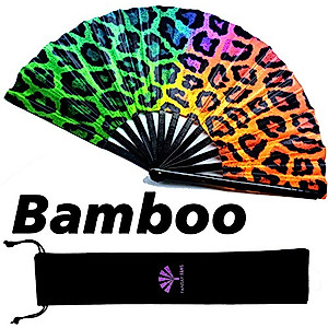 Fansay Fans - Large Hand Folding Fan for Men/Women Chinese/Japanese Bamboo with Leather Cloth Fabric Dance Festival Fan Handheld Folding Fans (Rainbow Cheetah)