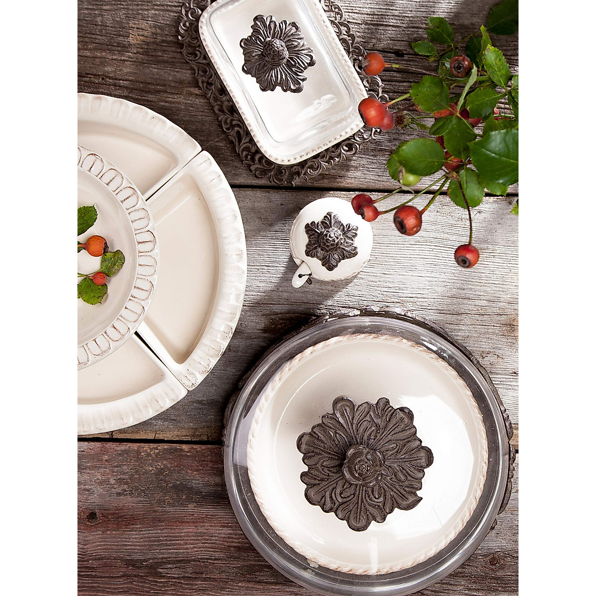 Cream Ceramic Butter Dish with Metal Work in Acanthus Leaf Design