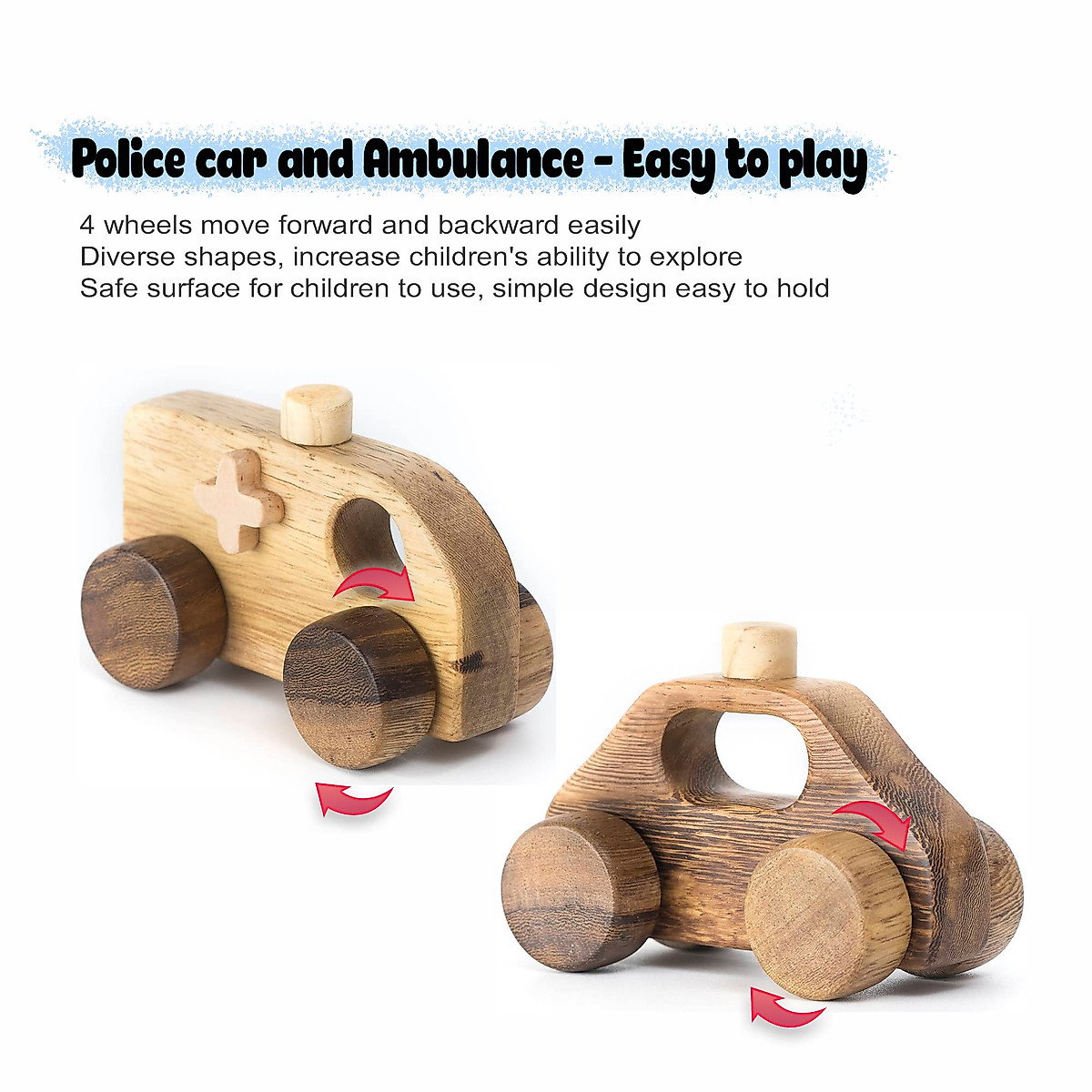 VINNY Unpainted Wooden Vehicle Cars for Toddlers, Handmade in Vietnam (Police car and Ambulance)