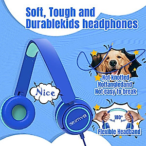 Jimonyer Kids Headphones for School, 3.5mm Jack Wired Safe Volume Limit Headphones for Kids, HD Stereo Sound On-Ear Girls Boys Toddler Headphones for Tablet, iPad, Kindle,Blue Green