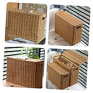 BUTIFULSIC Rattan Magazine Basket with Lid Thin Wicker Storage Decorative Sundries Organizer Handle Book Newspaper Rack