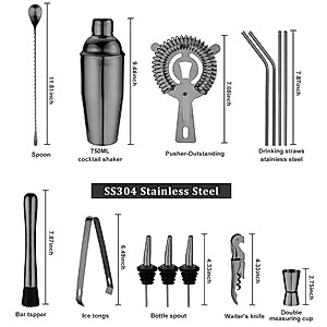 17 Pieces Cocktail Shaker Set with Bamboo Stand,Gifts for Men Dad Grandpa,Stainless Steel Bartender Kit Bar Tools Set,Home, Bars, Parties and Traveling (Bamboo Wood Black)