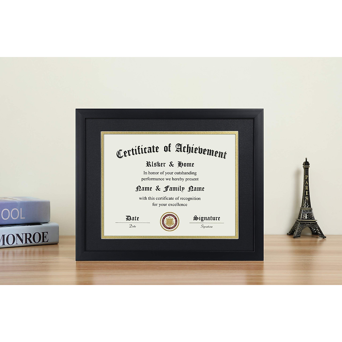 ELSKER&HOME 8.5×11 Certificate Frame - Classic Black Color Frame - Displays Diploma 8.5×11 Inch with Mat - 11×14 Inch Without Mat - For Document/Photo(Double Mat - Matte Black with Gold Rim)