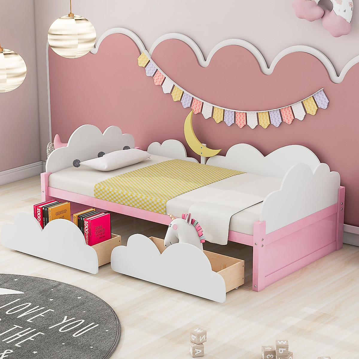 Yehha Twin Daybed for Kids, Solid Wood Bedframe w/Clouds and Moon Decor, 2 Storage Drawers, Cartoon Low Bed Frame for Boys & Girls Bedroom, Pink