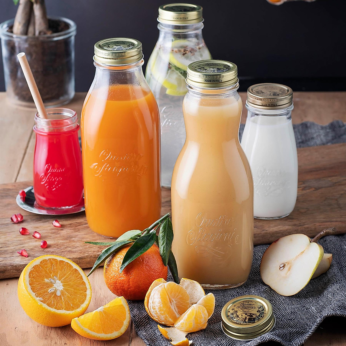 Bormioli Rocco Quattro Stagioni, Glass Canning Jar and Drinking Bottle, 13.5 Oz. with Gold Metal Airtight Lid, Made in Italy.