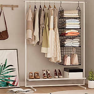 X-cosrack Hanging Closet Organizer and Storage - 5-Tier Closet Storage Organizer Baskets for Clothes & Adjustable Collapsible Metal Closet Hanging Organizer Shelves for Sweaters Shoes Handbags