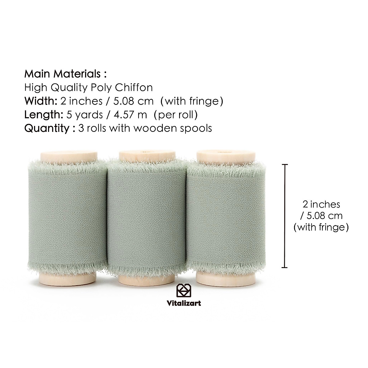 Vitalizart Dusty Green Chiffon Ribbon 2" x 15 Yd Sage Silk Like Handmade Frayed Edges Fringe for Wedding Invitations Bridal Shower Bouquets Gift Wrapping Holiday Decor