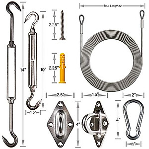 Amgo Square/Rectangle Sun Shade Sail Canopy Installation Hardware Kit Accessory 44 PC, with 12' Long Extension Cable Wires, 10 Inches Turnbuckles, 316 Stainless Steel, Anti Rust, Heavy Duty