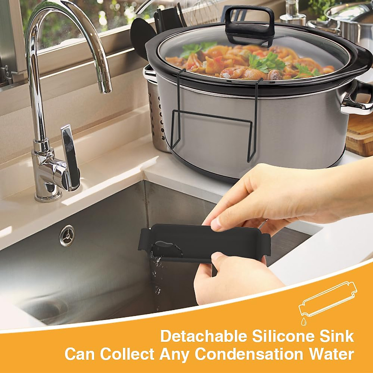 SOPHICO Slow Cooker Lid Holder for Cooking, Hand Free Pot Lid Organizer Fits Most Slow Cookers, Stainless Steel Pot Lid Rack with Silicone Sink Keeps Countertop No Mess (Black, 2 Pack)