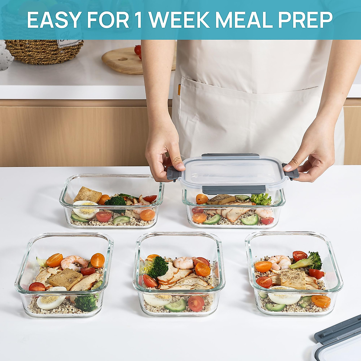 Vtopmart 5 Pack 22oz Glass Food Storage Containers with Lids, Meal Prep Containers, Airtight Lunch Containers Bento Boxes with Snap Locking Lids for Microwave, Oven, Freezer and Dishwasher