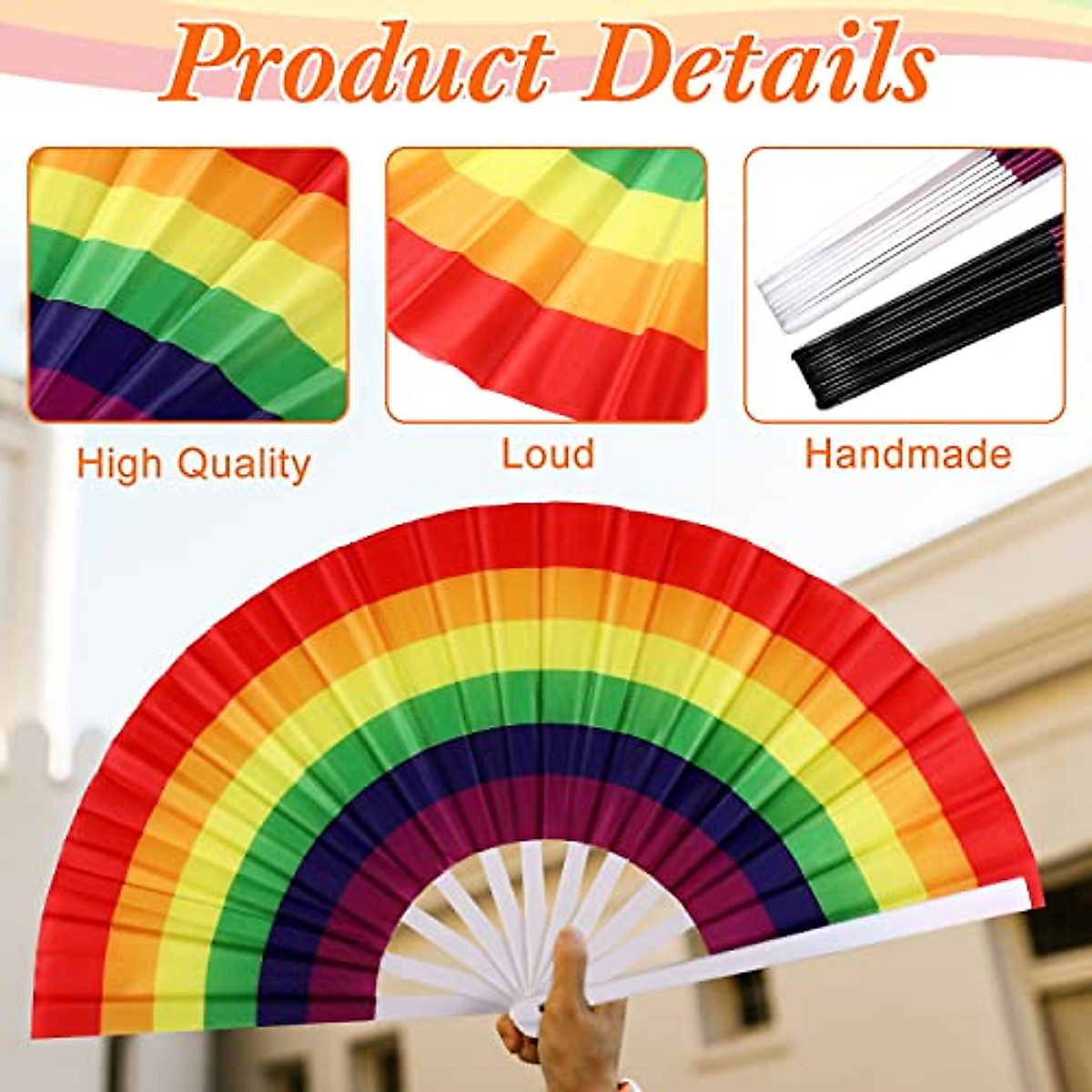 Geetery 6 Pcs Large Rainbow Folding Hand Gay Fan LGBT Fans Festival Pride Rainbow Fans for Women Men Rainbow Dance Party, Music Festival, Dance Club Event Supplies (Black, White)