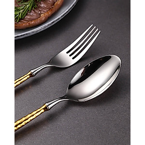 Lemeya 20-Piece Hammered Silver Gold Silverware Set,18/10 Stainless Steel Forging Heavy Duty Cutlery Set for 4, Luxury Unique Flatware Set,Spoons and Forks Set,Mirror Polished,Dishwasher Safe