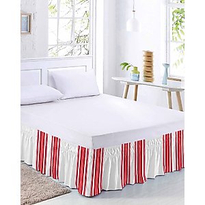 Stripes Red White Bed Skirt King Size 16 Inch Drop,Adjustable & Elastic Wrap Around Bed Skirts Pleated Luxury Dust Ruffles for Twin Full Queen Cal King Bed,Classic Casual Bohemian Geometric Art Decor