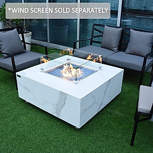 ELEMENTI Outdoor Fire Table Natural Gas 60,000 BTUs Firepit Patio Coffee Table, Backyard Fireplace Marble Porcelain Square Fire Pit, 17Inch-High,Bianco Series