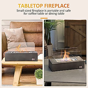 HOMCOM Tabletop Fireplace, 13" Concrete Alcohol Fireplace with Stainless Steel Lid for Indoor and Outdoor, 0.04 Gal Max 195 Sq. Ft., Dark Grey