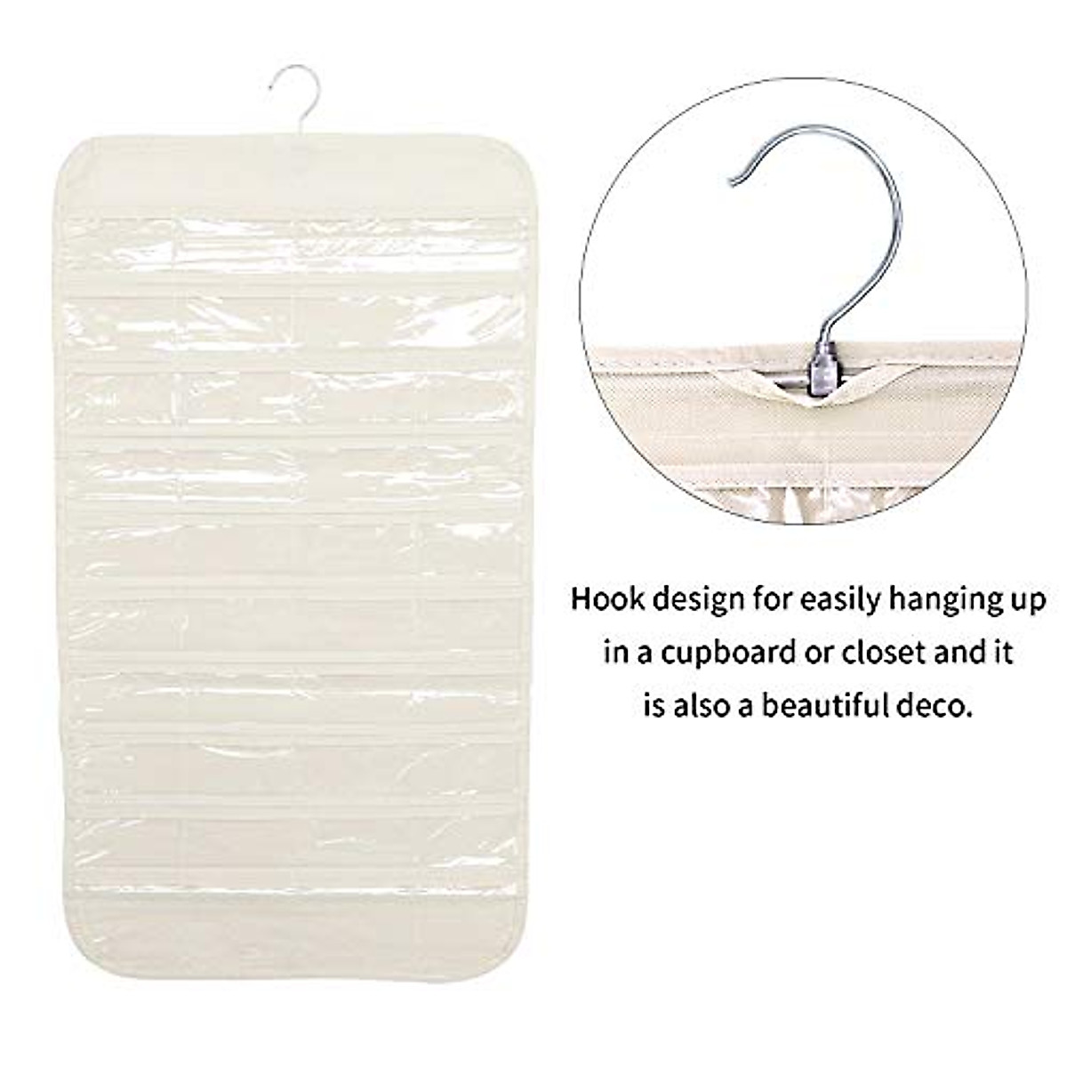 SZFY Hanging Jewelry Organizer, Wardrobe Necklaces Bracelets Earrings Accessories Organizer, 80 Pocket Organizer for Holding Jewelries - Beige