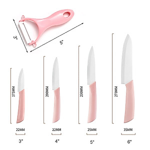 wgzixezn Ceramic Knife Set with Covers Pink Handle 6 Kitchen Knives Pcs - 6" Chef Knife 5" Utility Knife 4" Fruit Knife 3" Paring Knife Knife Block Holder and a Peeler,Pink