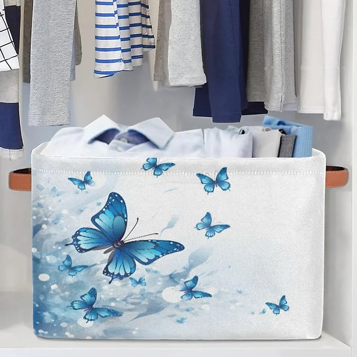 Gumuslen Spring Blue Butterfly Storage Basket Organizer Bin with Handles for Clothes Storage, Gift Bakets, Toy Box, Book Basket for Office Home Rooms Laundry Playroom Dorm