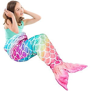 WERNNSAI Mermaid Tail Blanket - Plush Mermaid Wearable Blanket for Girls Teens All Seasons Soft Flannel Snuggle Blanket little Mermaid Scale Sleeping Bag 55" x 24" (Rainbow)