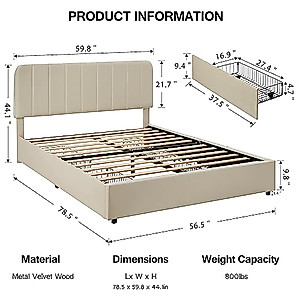VECELO Full Size Upholstered Bed Frame with 4 Drawers and Adjustable Headboard, Velvet Platform Storage Bedframe Mattress Foundation, Wooden Slats Support, No Box Spring Needed, Beige