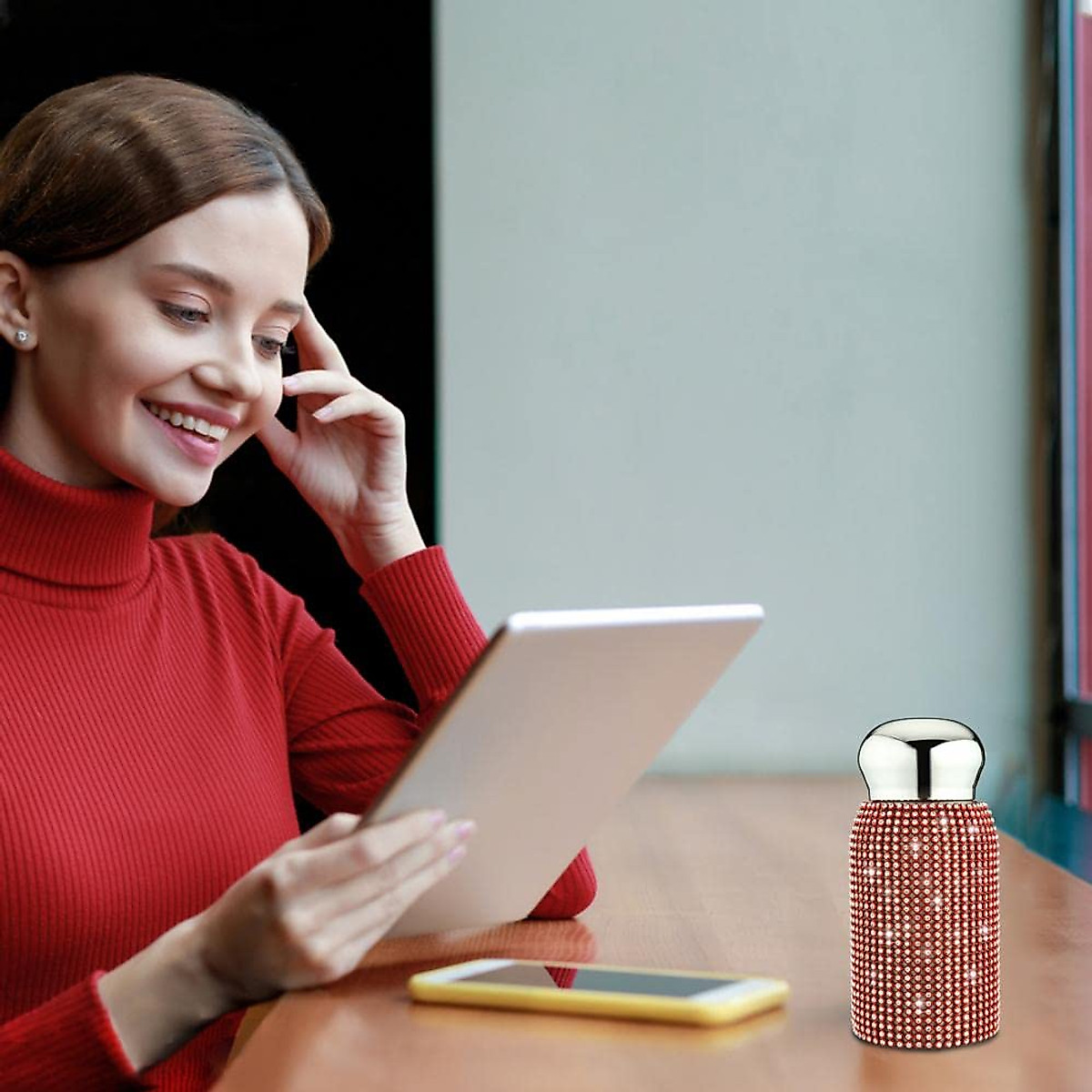 Diamond Thermos Bottle for Womens, Diamond Water Bottle Bling Rhinestone Small Cute 200ML Stainless Steel Vacuum Flask Sparkling Refillable Metal Insulated Glitter Thermal Bottle (Red)